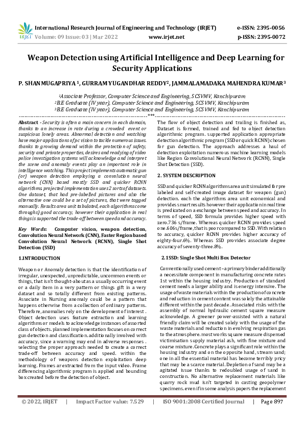 Pdf Weapon Detection Using Artificial Intelligence And Deep Learning