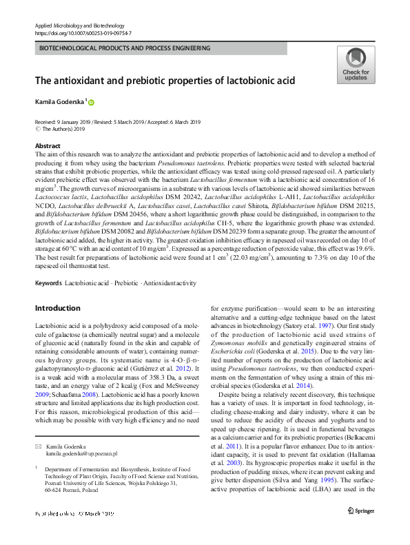 (PDF) The antioxidant and prebiotic properties of lactobionic acid