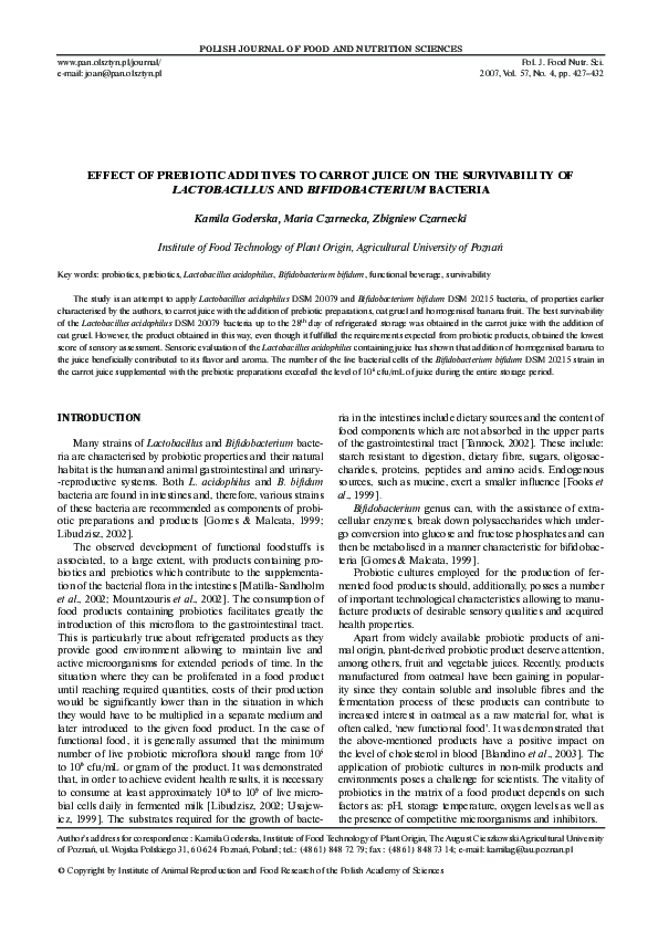 (PDF) Effect of Prebiotic Additives to Carrot Juice on the ...