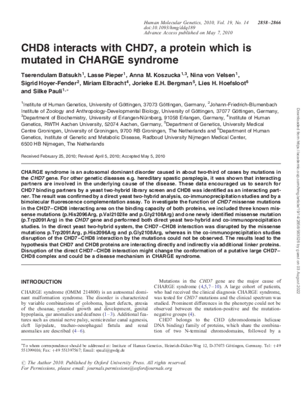 (PDF) CHD8 interacts with CHD7, a protein which is mutated in CHARGE ...