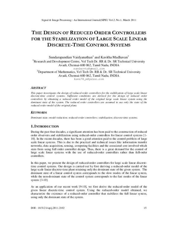 (PDF) The Design of Reduced Order Controllers for the Stabilization of Large Scale Linear ...