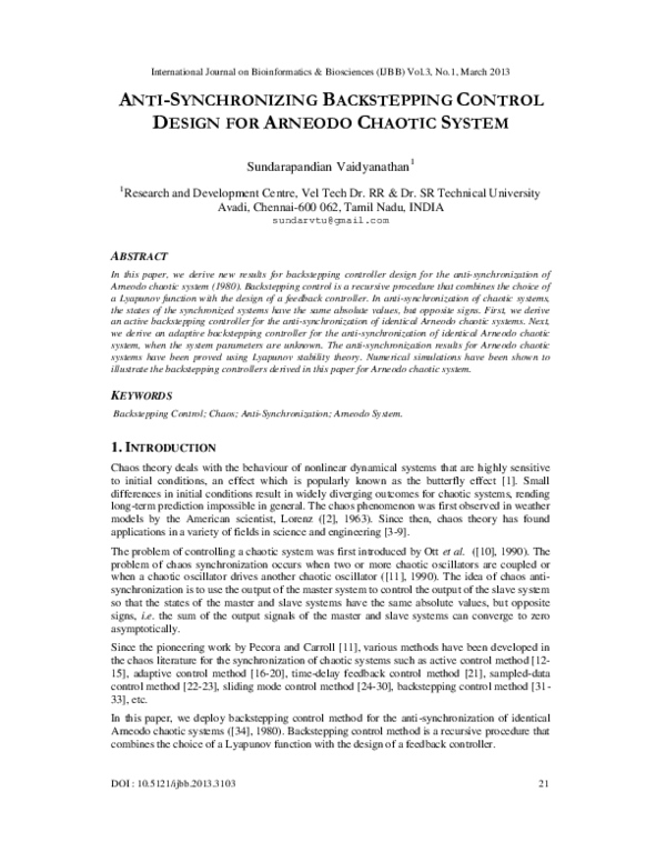 (PDF) Anti-Synchronizing Backstepping Control Design for Arneodo ...