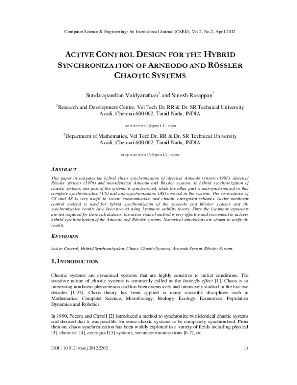 (PDF) Active Control Design for the Hybrid Synchronization of Arneodo and Rossler Chaotic Systems