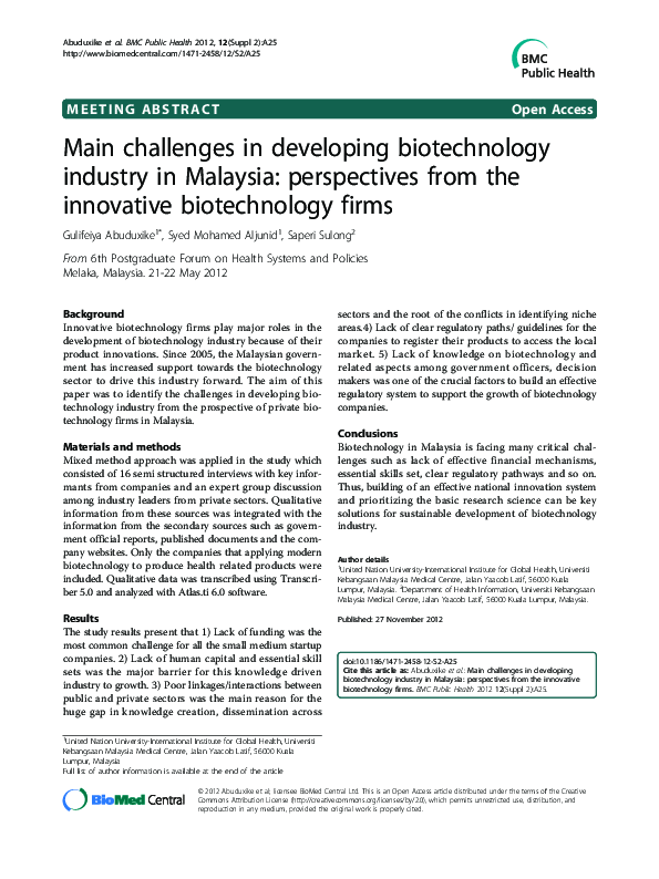 (PDF) Main challenges in developing biotechnology industry in Malaysia ...