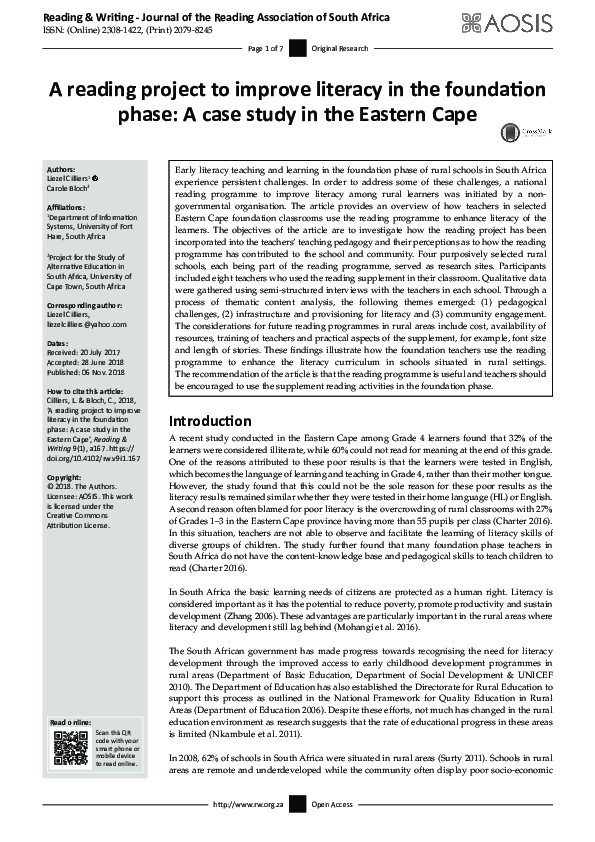 (PDF) A reading project to improve literacy in the foundation phase: A ...
