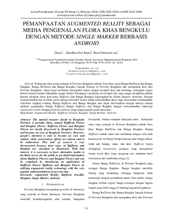 (PDF) Pemanfaatan Augmented Reality Sebagai Media Pengenalan Flora Khas Bengkulu Dengan Metode ...