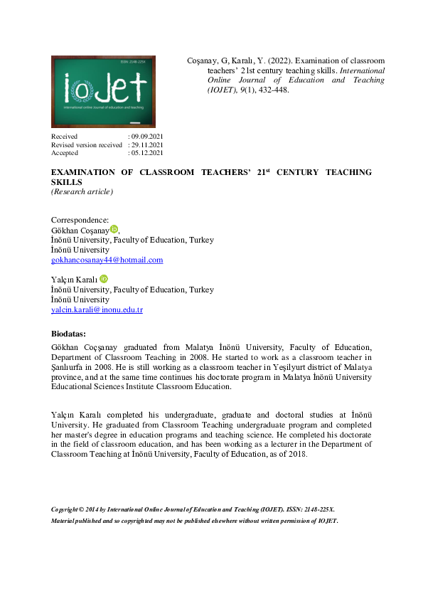 (PDF) Examination of Classroom Teachers’ 21ST Century Teaching Skills