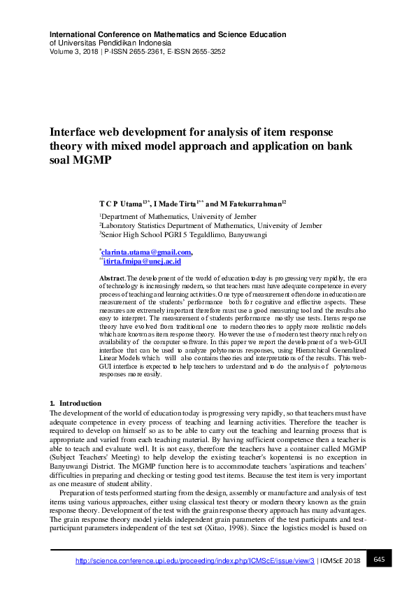 Pdf Interface Web Development For Analysis Of Item Response Theory With Mixed Model Approach