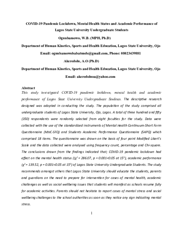 (DOC) COVID-19 Pandemic Lockdown, Mental Health Status and Academic ...