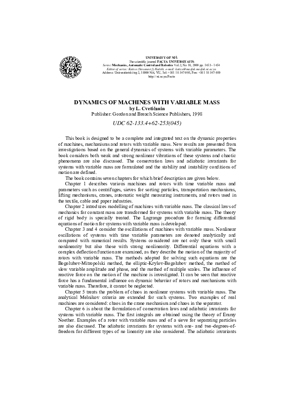 (PDF) Dynamics of Machines with Variable Mass