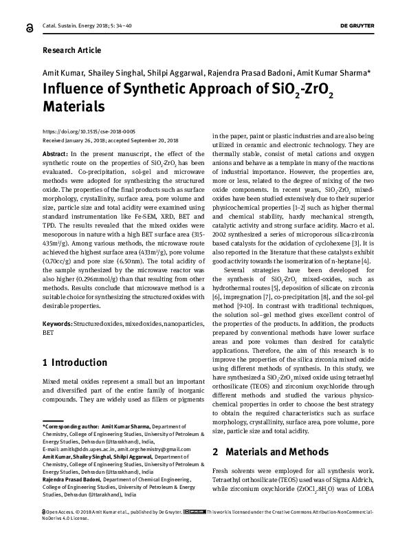 (PDF) Influence of Synthetic Approach of SiO2-ZrO2 Materials