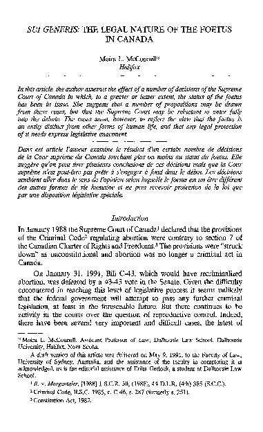 (PDF) Sui generis: the legal nature of the foetus in Canada