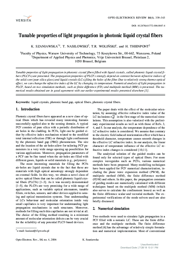 (PDF) Tunable properties of light propagation in photonic liquid crystal fibers