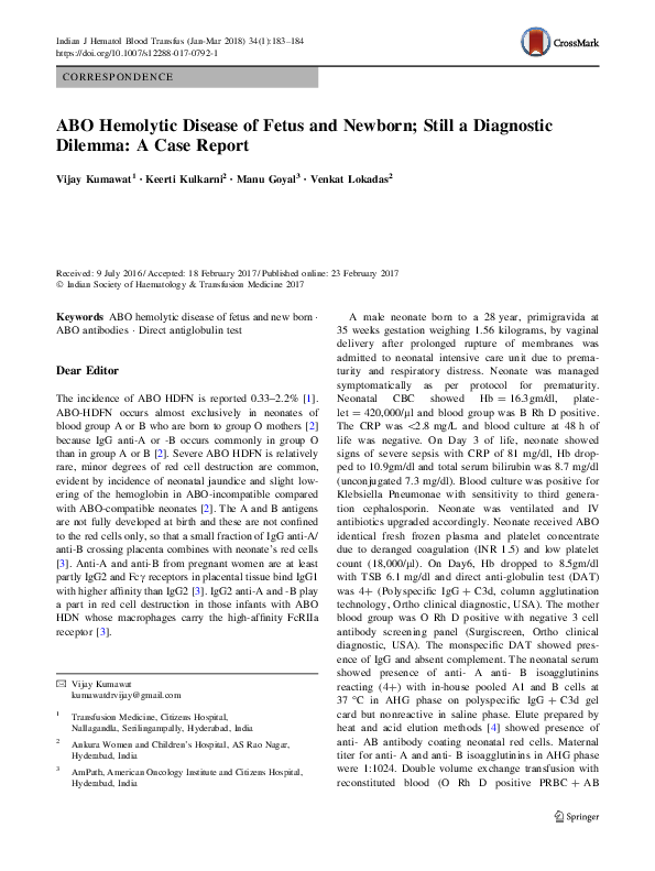 (PDF) ABO Hemolytic Disease of Fetus and Newborn; Still a Diagnostic ...