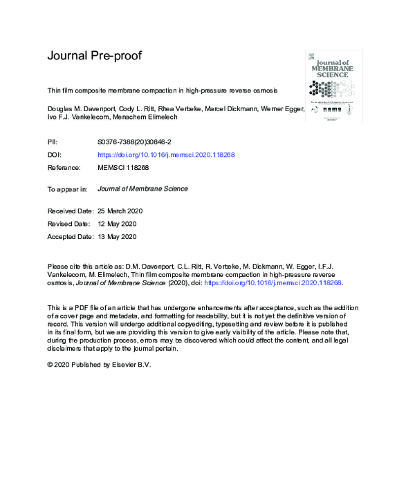 (PDF) Thin film composite membrane compaction in high-pressure reverse ...