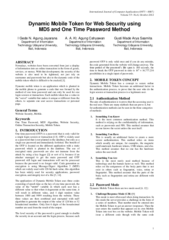 (PDF) Dynamic Mobile Token for Web Security using MD5 and One Time ...