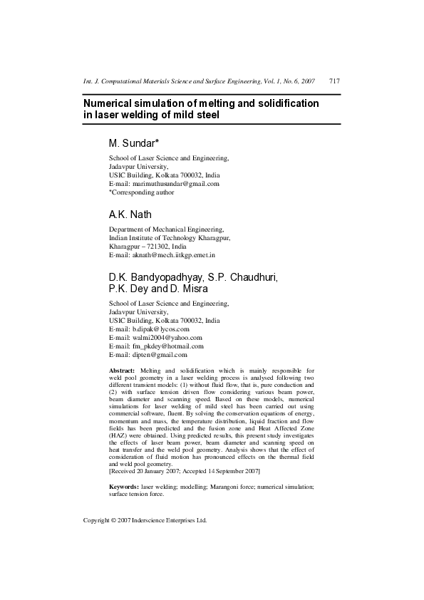 (PDF) Numerical simulation of melting and solidification in laser welding of mild steel