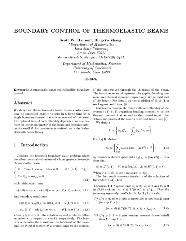 (PDF) Boundary control of thermoelastic beams