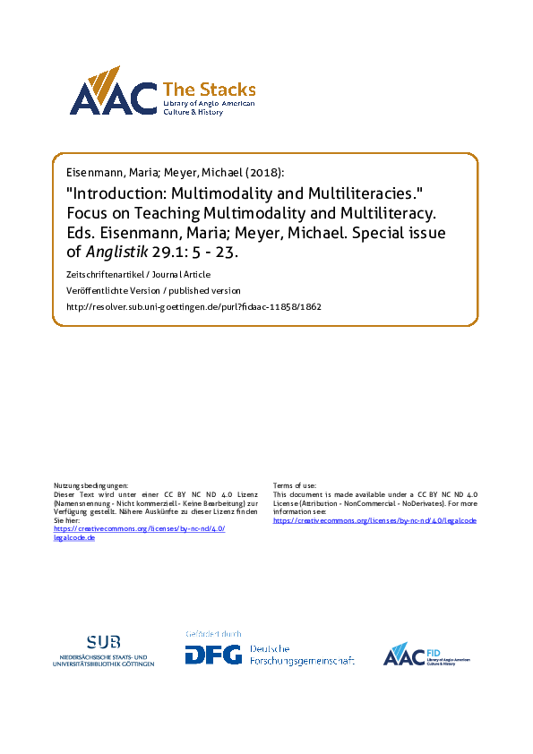 (PDF) Meyer, Michael: "Introduction: Multimodality and Multiliteracies." Focus on Teaching ...
