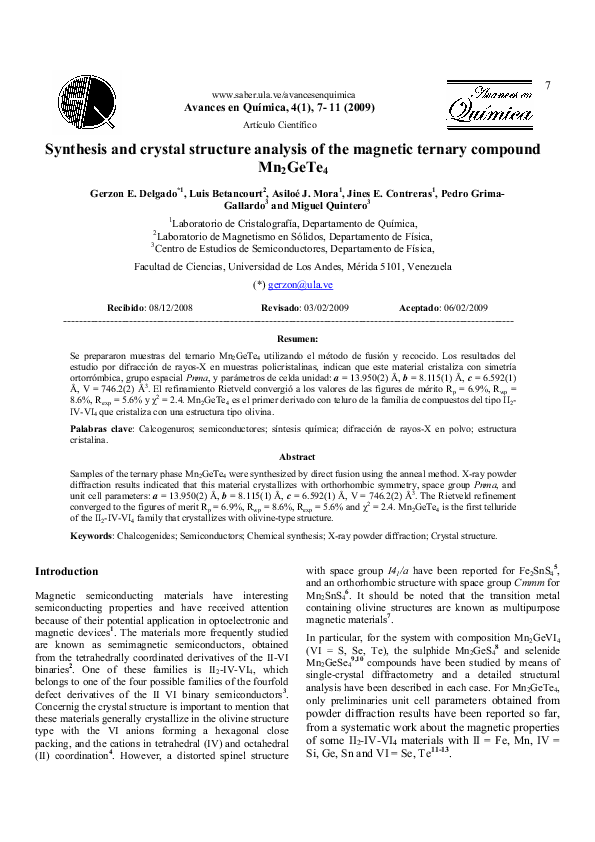 (PDF) Synthesis and crystal structure analysis of the magnetic ternary compound Mn2GeTe4
