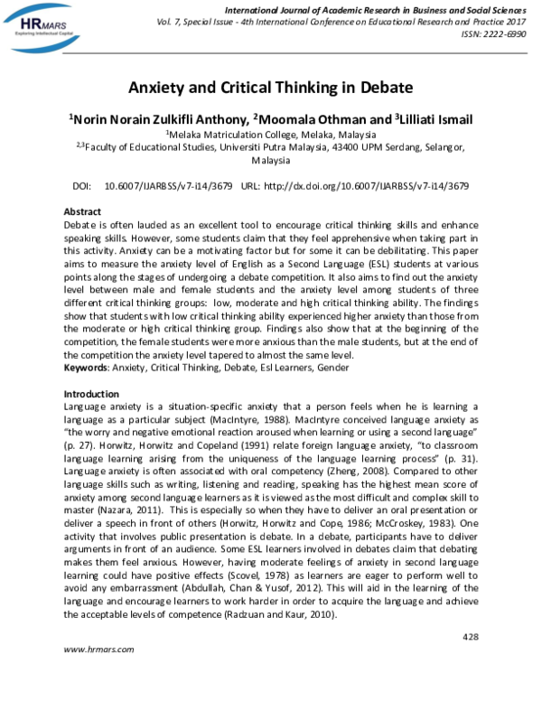 (PDF) Anxiety and Critical Thinking in Debate