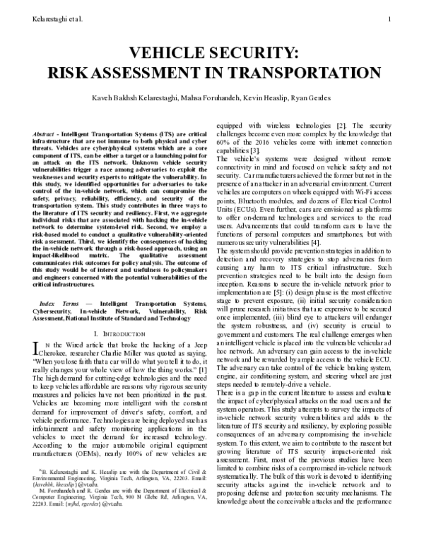 (PDF) Vehicle Security: Risk Assessment in Transportation