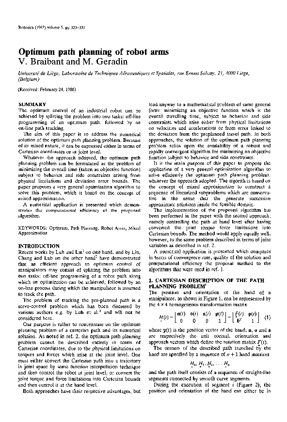 (PDF) Optimum path planning of robot arms