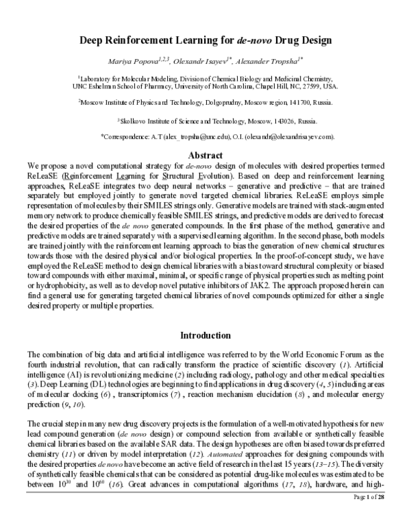 Pdf Deep Reinforcement Learning For De Novo Drug Design