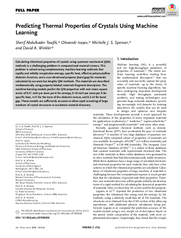 (PDF) Predicting Thermal Properties of Crystals Using Machine Learning | Olexandr Isayev ...