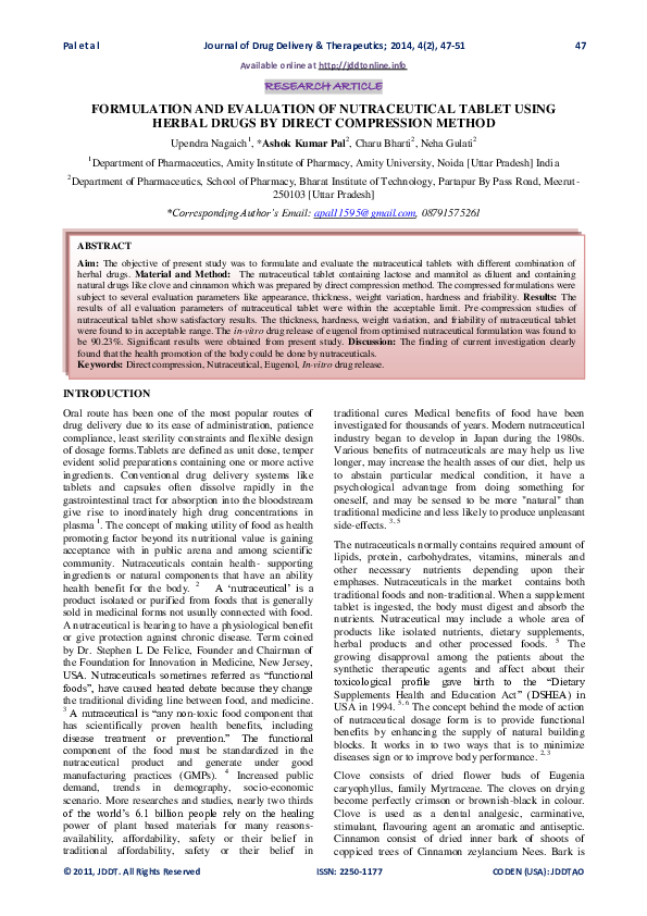 Pdf Formulation And Evaluation Of Nutraceutical Tablet Using Herbal Drurs By Direct