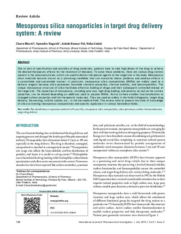 (PDF) Mesoporous silica nanoparticles in target drug delivery system: A review