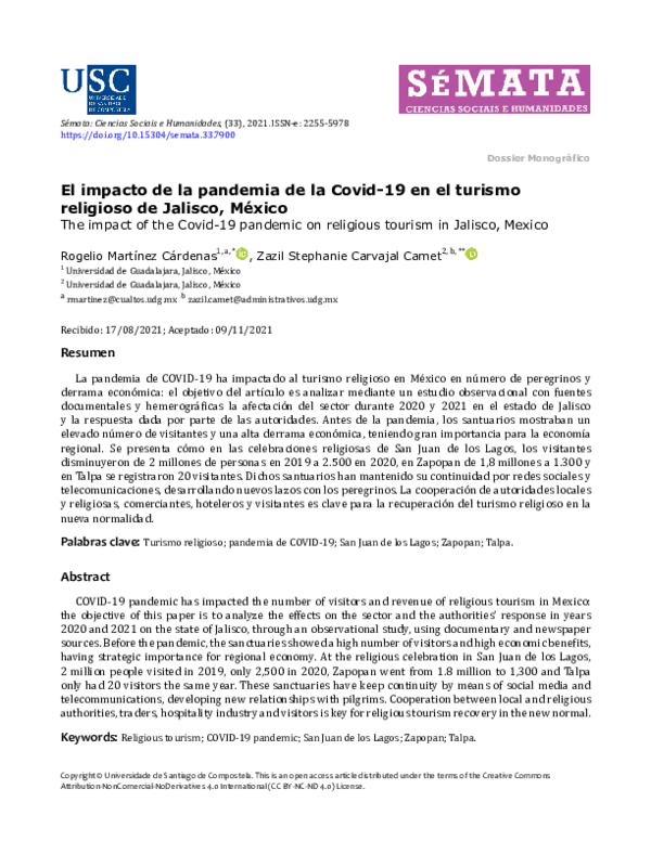 (PDF) El impacto de la pandemia de la Covid-19 en el turismo religioso de Jalisco, México