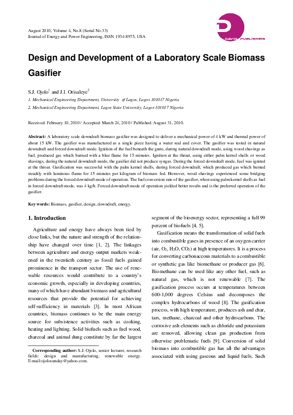 (PDF) Design and Development of a Laboratory Scale Biomass Gasifier