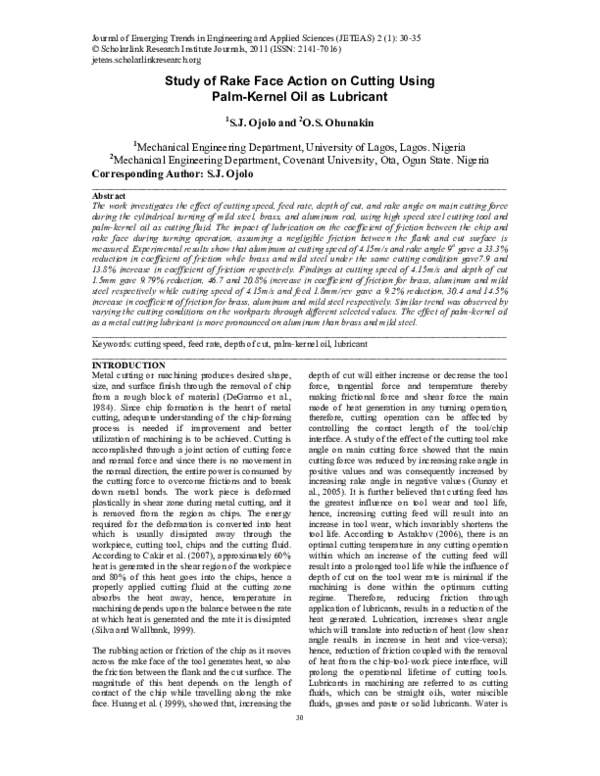 (PDF) Study of rake face action on cutting using palm-kernel oil as ...