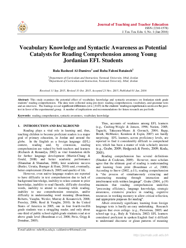 (PDF) Vocabulary Knowledge and Syntactic Awareness as Potential Catalysts for Reading ...