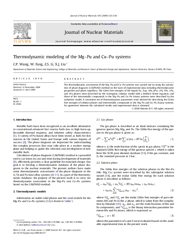 (PDF) Thermodynamic modeling of the Mg–Pu and Cu–Pu systems | Felipe Ferreira Dos Santos ...