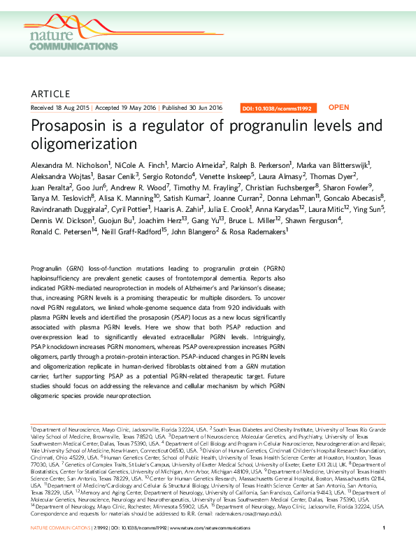 (PDF) Prosaposin is a regulator of progranulin levels and oligomerization