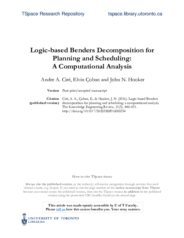 (PDF) Logic-based Benders decomposition for planning and scheduling: a computational analysis