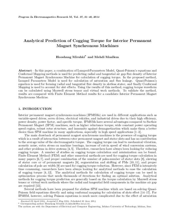 Pdf Analytical Prediction Of Cogging Torque For Interior Permanent Magnet Synchronous Machines