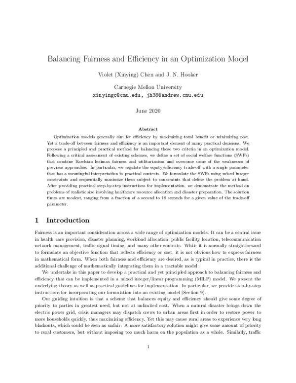 (PDF) Balancing Fairness and Efficiency in an Optimization Model