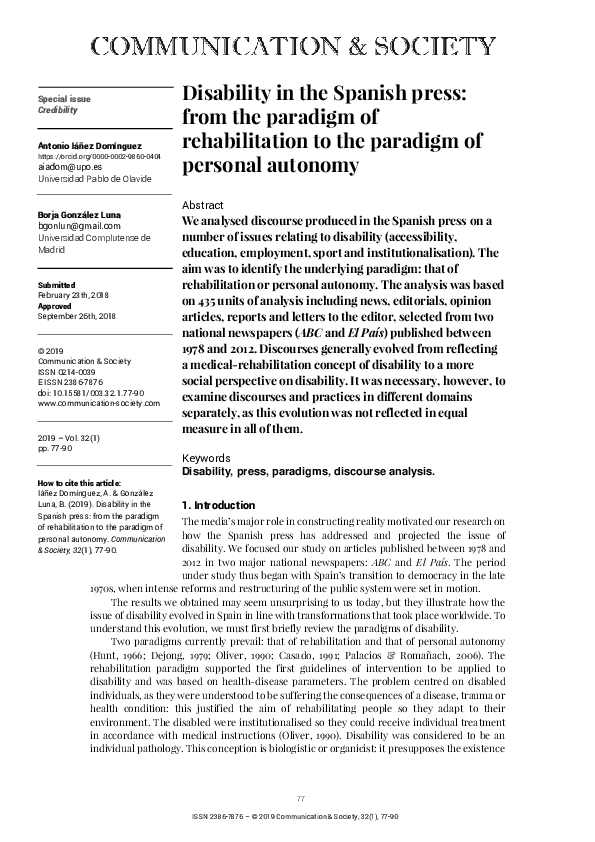 (PDF) Disability in the Spanish press: from the paradigm of ...