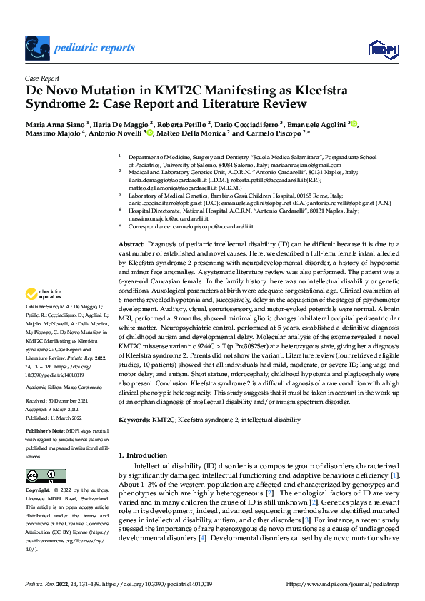 (PDF) De Novo Mutation in KMT2C Manifesting as Kleefstra Syndrome 2 ...