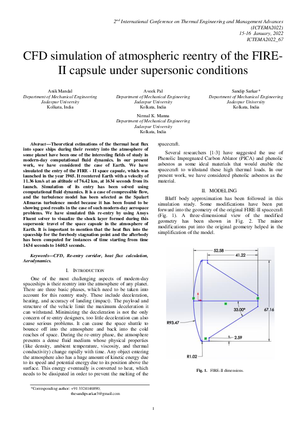 (PDF) CFD simulation of atmospheric reentry of the FIRE-II capsule ...