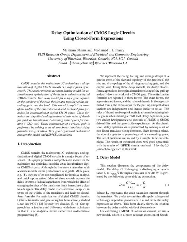 (PDF) Delay optimization of CMOS logic circuits using closed-form expressions
