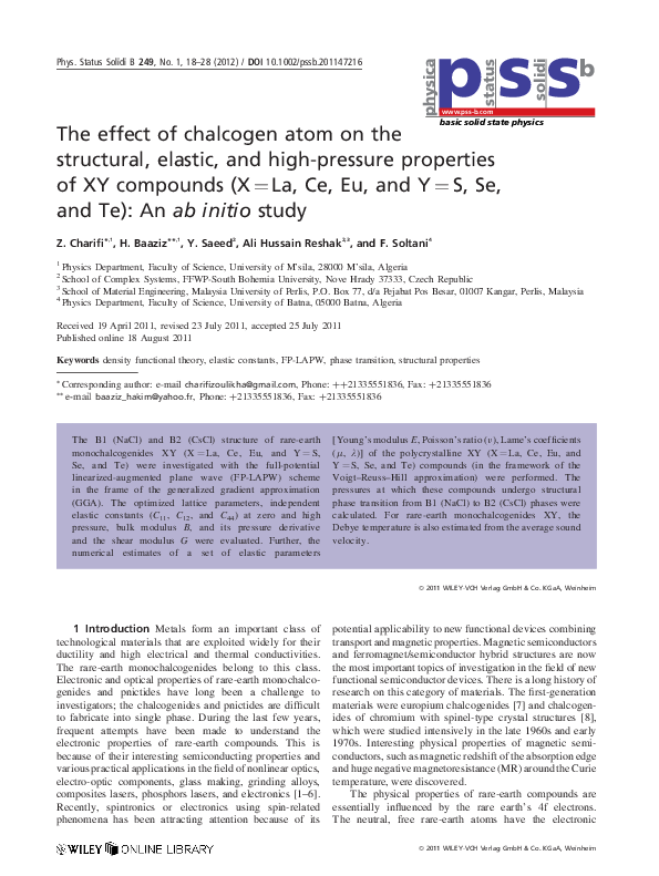 (PDF) The effect of chalcogen atom on the structural, elastic, and high-pressure properties of ...