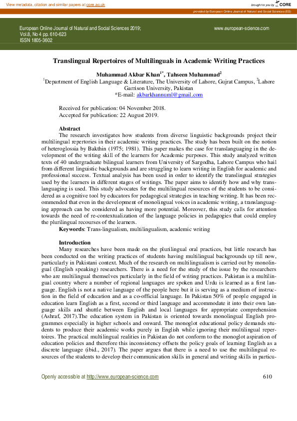 (PDF) Translingual Repertoires of Multilinguals in Academic Writing ...