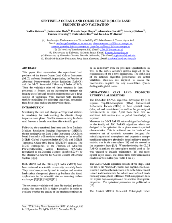 (PDF) SENTINEL-3 Ocean Land Color Imager (OLCI): Land products and ...