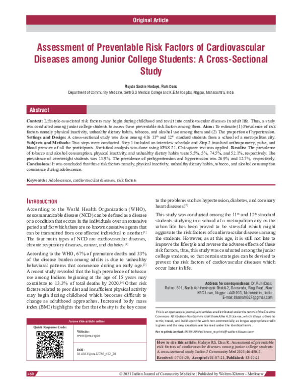 (PDF) Assessment of preventable risk factors of cardiovascular diseases among junior college ...