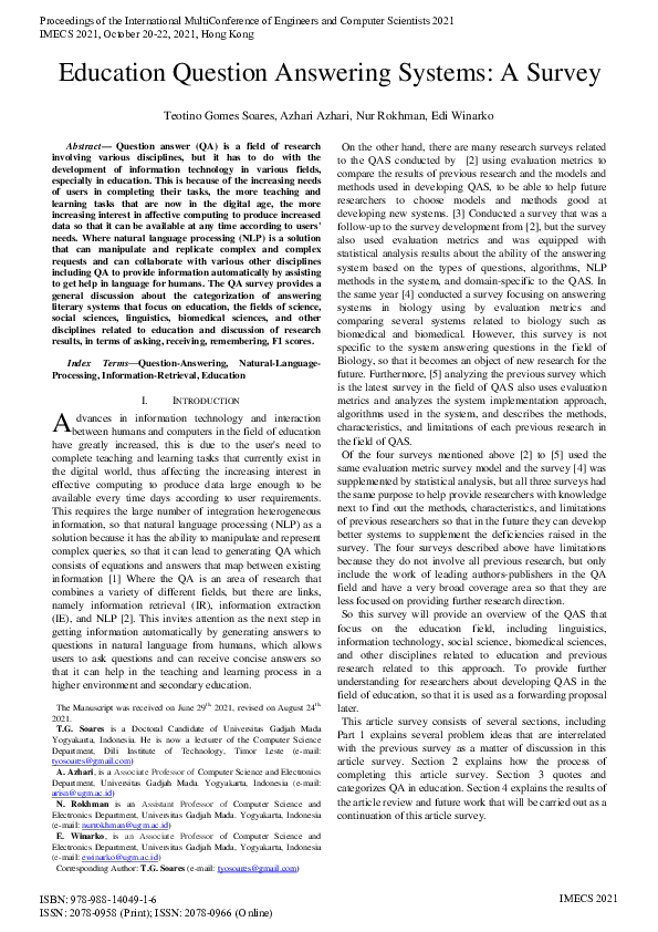 (PDF) Education Question Answering Systems : A Survey