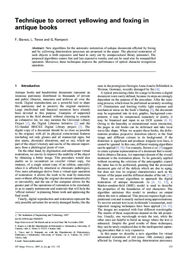 (PDF) Technique to correct yellowing and foxing in antique books